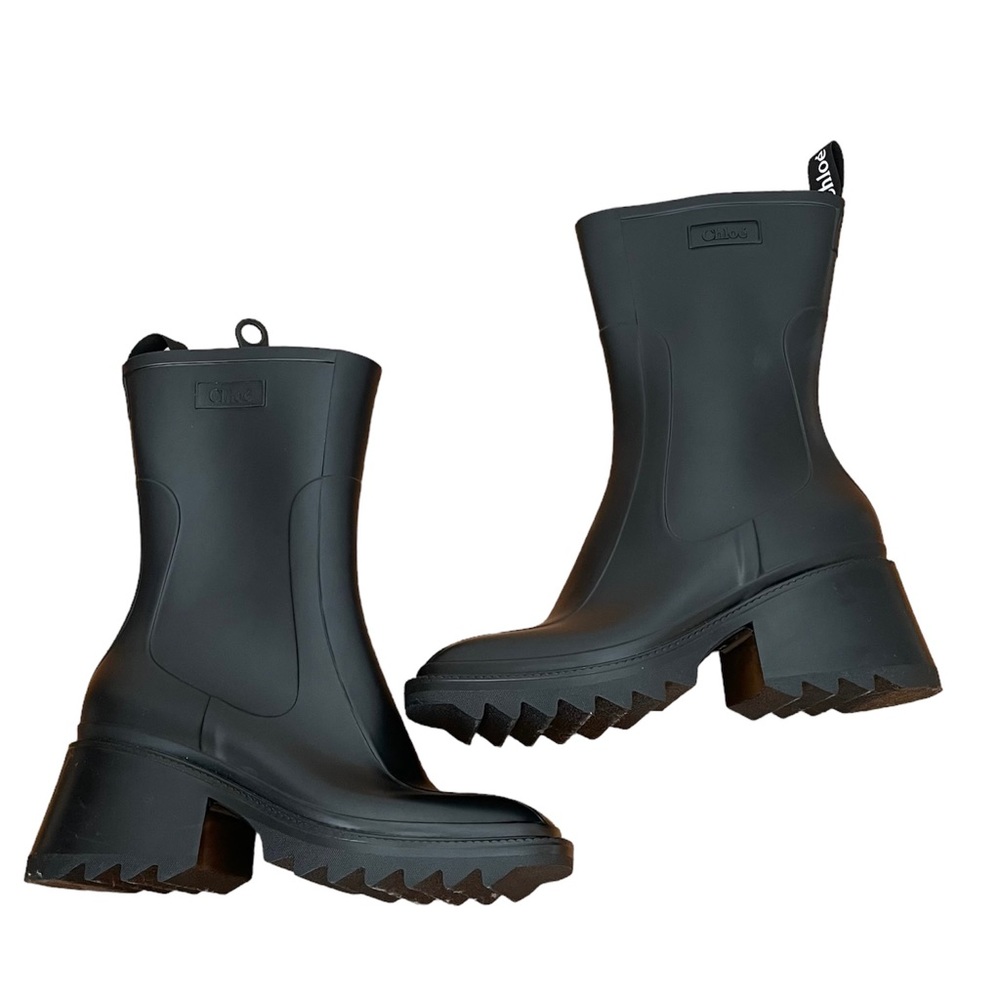 Chloe Betty Pvc Short Rain Boots Black Chunky Heel Zi… - Gem